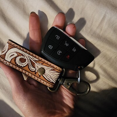 Tooled Leather Tab Key Fob - Etsy