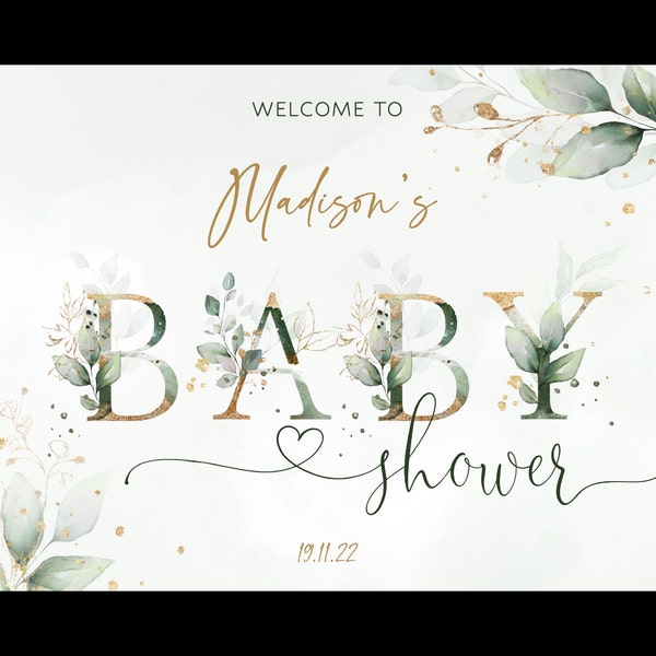 Greenery Baby Shower Welcome Sign, Printable Sage Green Baby Shower ...