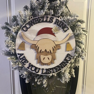 Cowbell Ring Christmas Highland Cow Door Hanger - Etsy