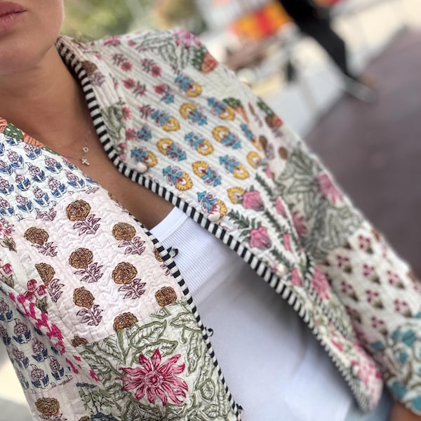 Indian Block Print Quilted Jacket, Handmade Women Wear Pink Flower Reverisble Bohemian Jacket ...