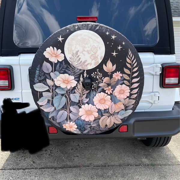 Boho Tire Cover With Moon and Orange Flowers, Moon Tire Cover for Jeep ...