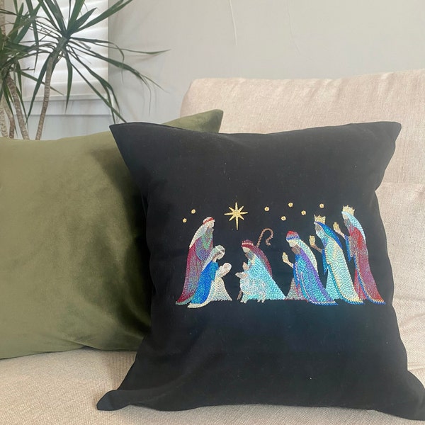 Nativity Scene Embroidered Christmas Pillow Cover, Holiday Pillow Cover ...