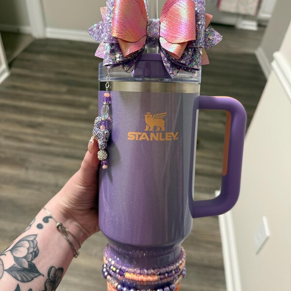 Stanley Tumbler Bow Iridescent Pink Light Pink Glitter Straw Topper ...