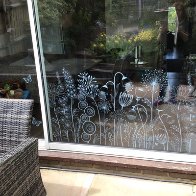 Watercolour Spring Meadow Window Decal Reusable Pink Blue Flower Window ...