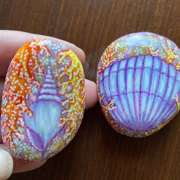 Set of 2 Hand Painted Beach Stones, Miniature Painting, Original ...