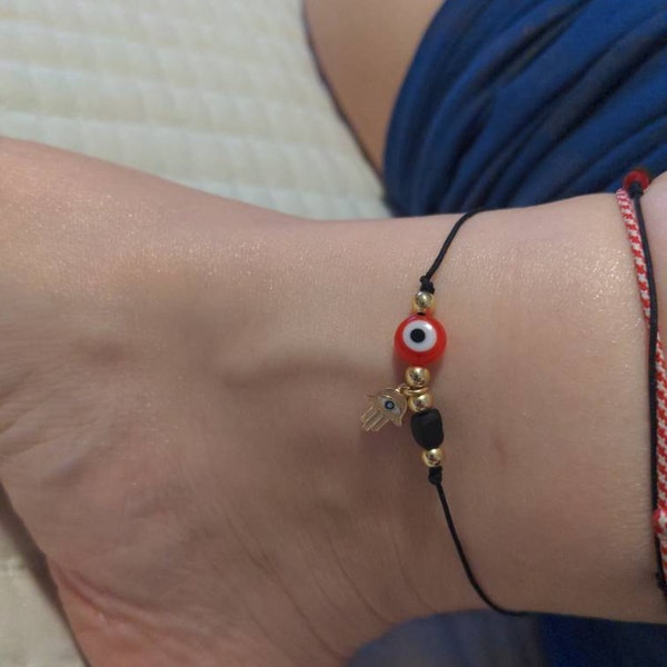 Anklet Jewelry With Jet Stone Evil Eye and Hamsa , Adjustable Anklet ...