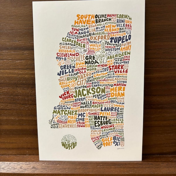 Hand-lettered Towns of Mississippi Postcard, Mississippi Map Postcard ...