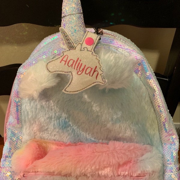 Unicorn Tag/ Key Holder With Name- White Glitter Unicorn Tag Name ...