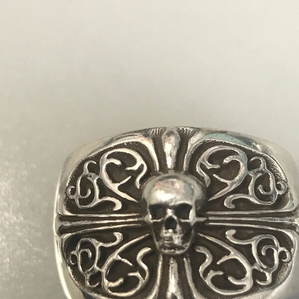 Cross Skull Ring, Sterling Silver Skull Ring, Carved Skull Ring ...