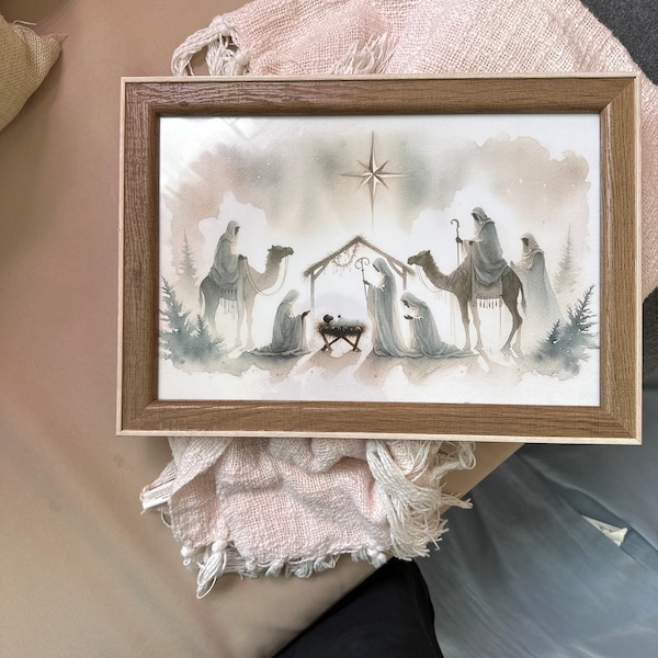 Minimalist Nativity Scene Watercolor - Christmas Jesus, Soft Pastel ...