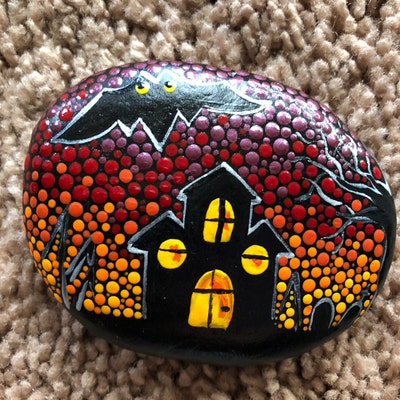 Set of Two Halloween Ghost Stones, Dot Art Halloween Painted Rock ...
