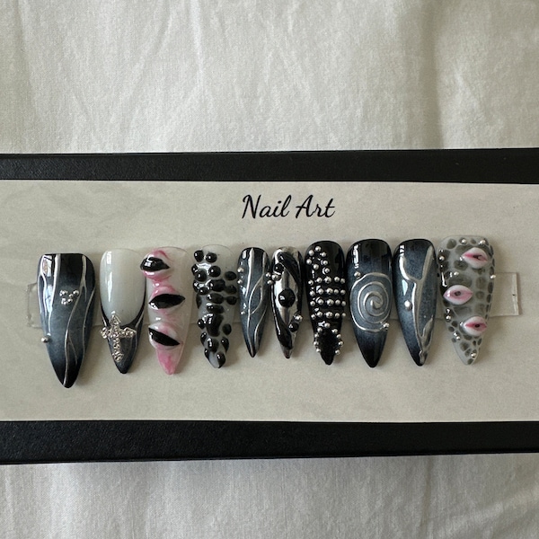 Cool Gothic-inspired Press on Nails | Goth Dark Blue Almond Nails | 3D ...