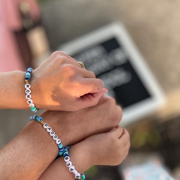 Custom Bracelet Stack Beaded Name Bracelet Mama Stackable Bracelets Heishi Clay Bead Word ...