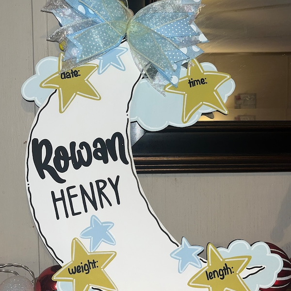 Moon and Stars Hospital Birth Announcement Door Hanger, Nursery Name ...