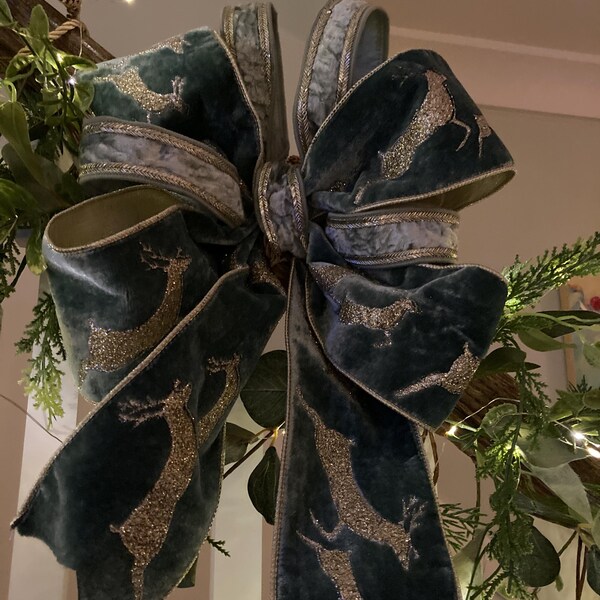 4 Dusty Blue Velvet Ribbon Gold Embroidered Bows Gold Back Wired Edges ...