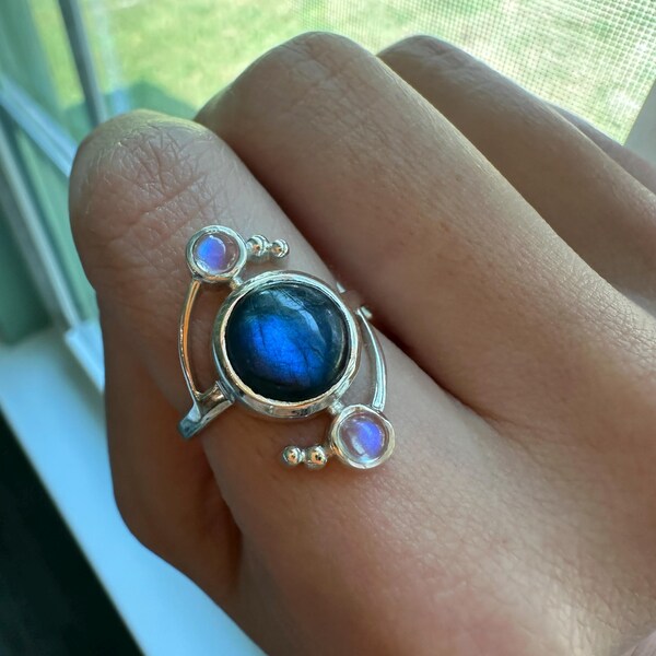 Natural Moonstone and Labradorite Ring , Blue Flashy Two Gemstone Ring ...
