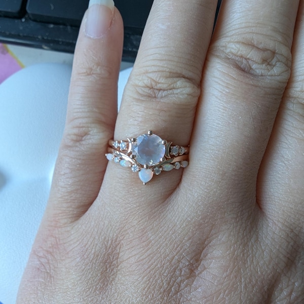 Unique Pink Sapphire Engagement Ring Solid Gold Peach Sapphire Rings for Women Vintage Opal ...