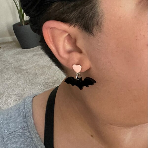 Pink Enamel Heart Black Bat Earrings - Etsy