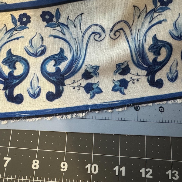 Italian Design Linen Fabric: Blue Tile Print, Summer Clothing, Drapery ...