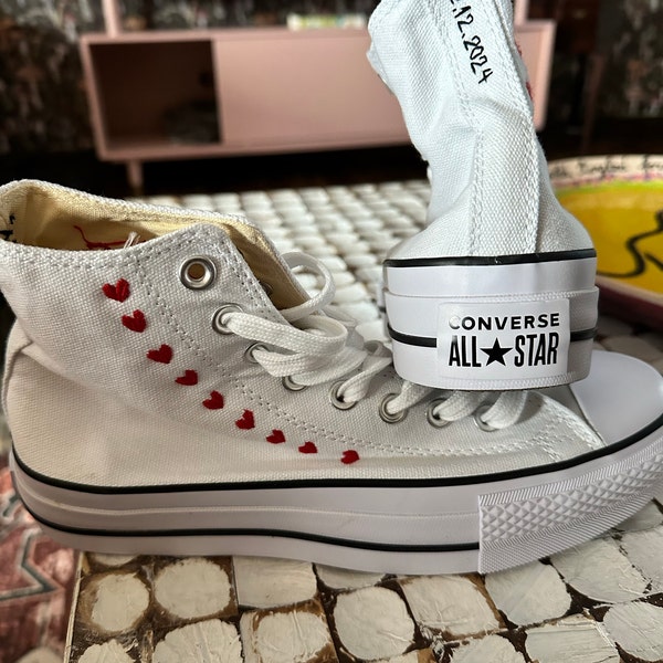 Custom Embroidered Heart Converse Platform,heart Embroidered Shoes ...
