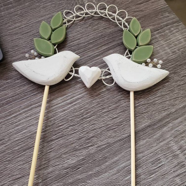White and Sage Green Bridal Topper, Boho Wedding Cake Topper, Bird Cake ...