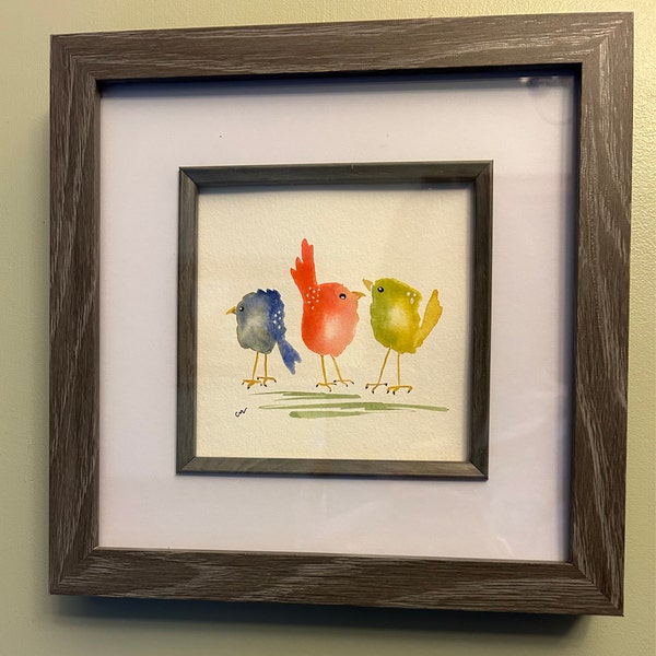Original Watercolor of Quirky Bird Trio, Small Original Watercolor ...