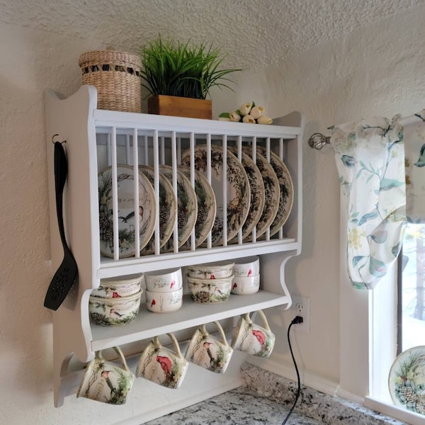 Farmhouse Plate Rack With Primitive Towel Rung, Hanging Plate Rack ...