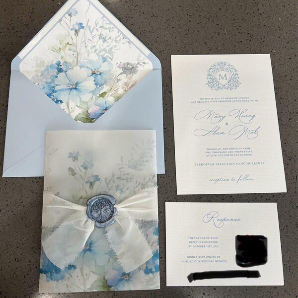 Dusty Blue Vellum Wedding Invitation Suite | Steel Blue Wax Seal ...