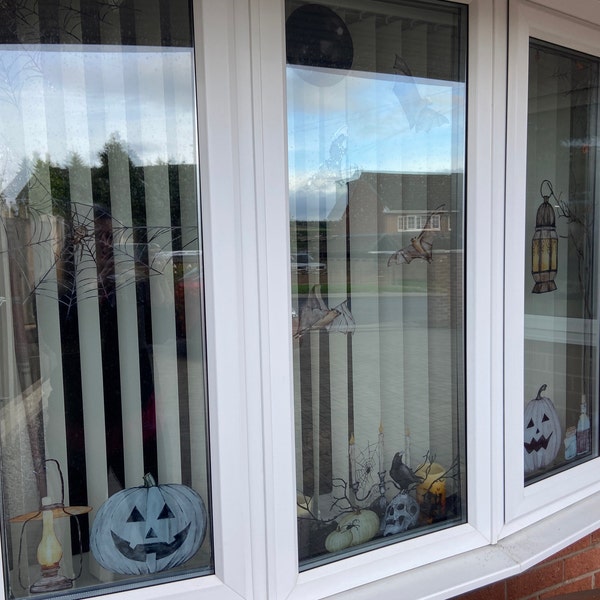 Halloween Window Clings - Spiders Web Bats Pumpkins Lanterns Window ...