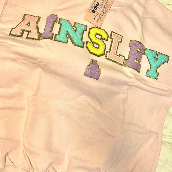 Custom Chenille Patch Sweatshirts | Glitter & Chenille Varsity Letter Patch Crewneck Sweatshirt ...