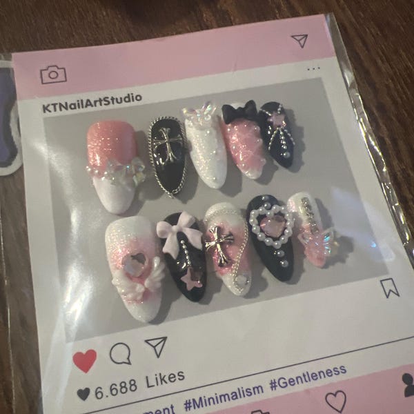 Black Pink Y2K Luxury Nails|cross Sparkle Design Press on Nails|cool ...