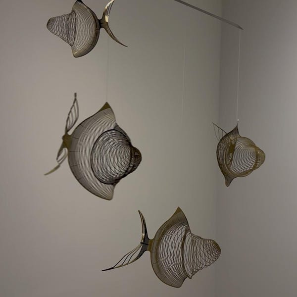 Large 8 Piece Gold Black Fish Mobile, Ocean Mobile Art, Kinetic Fish ...