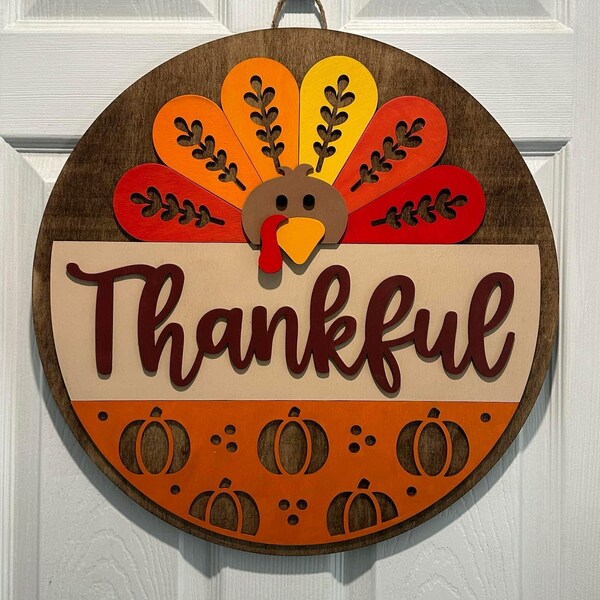 Thankful Turkey Pumpkin Sign, Digital Download, Round Door Hanger Svg ...