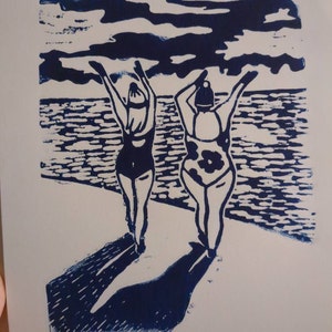 Original Lino Print Featuring Cold Water Sea Swimmers on Worthing Beach ...