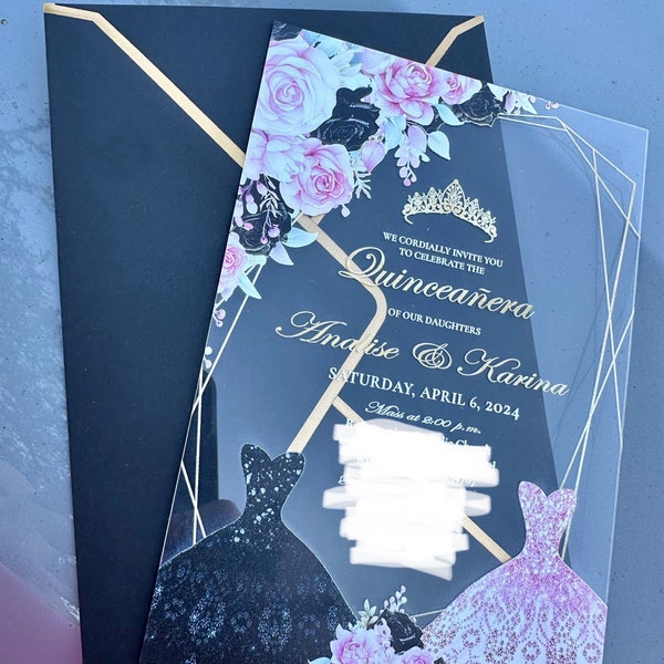 Clear Acrylic Quinceañera Invitations With Pink Flowers Gold Silver ...