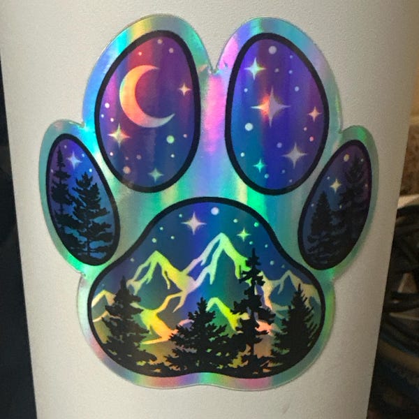 Paw Print Sticker, Holographic Dog Sticker, Hiking Vinyl Sticker, Dog ...