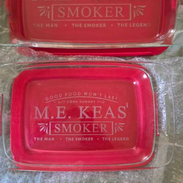 Customizable BBQ, Grill or Smoker Etched Glass Pan With Blue or Red Lid ...