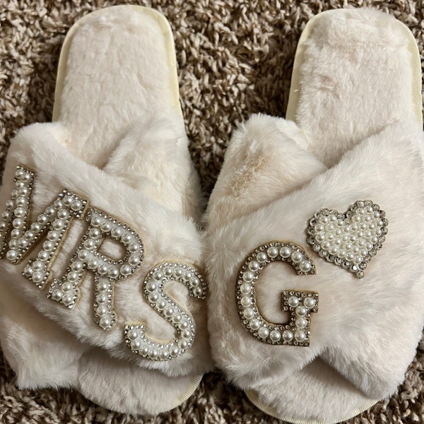Pearls Bride Fluffy Slippers,rhinestone Mrs Slippers, Custom Bridal ...