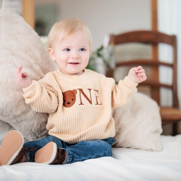 Baby Boys "beary First Birthday" Sweater - Girls One Embroidered ...