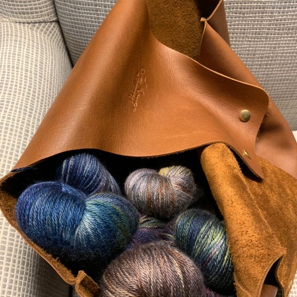 Brown Leather Knitting Bag, Leather Bag for Knitting or Crochet, Yarn ...