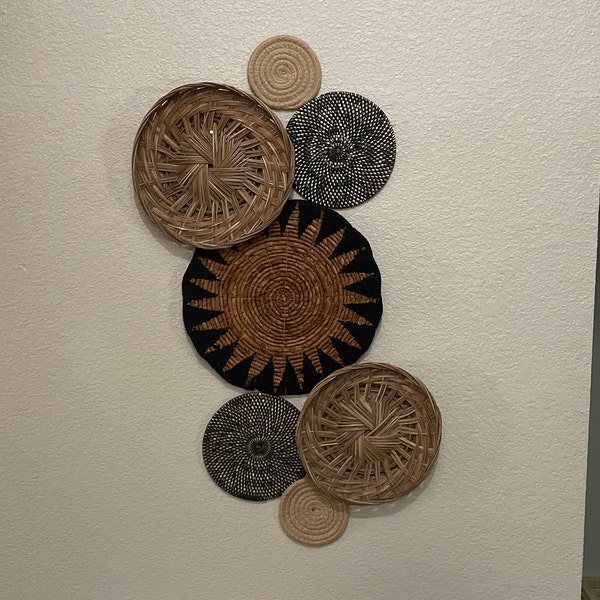Black Sun Bohemian Basket Wall Decor - Set of 7 Embroidered and Wicker ...