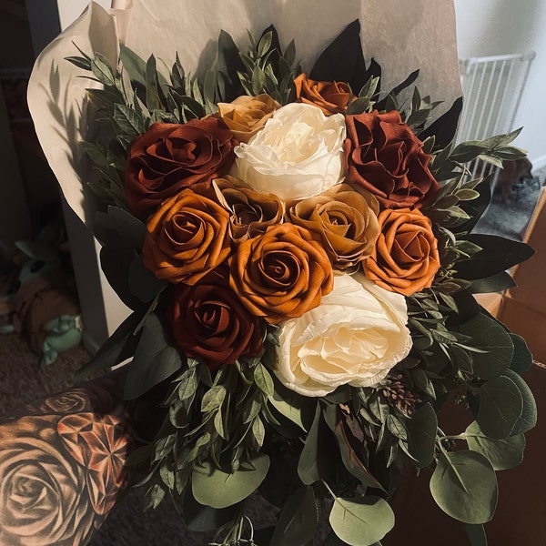 Terracotta and Rust Fall Wedding Bouquet, Burnt Orange, Burgundy, Gold ...