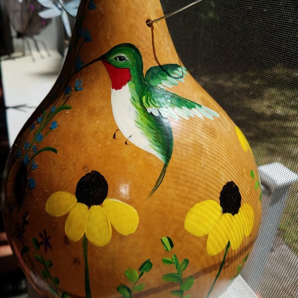 Handpainted Gourd Birdhouse With Hummingbird and Yellow Black-eyed ...