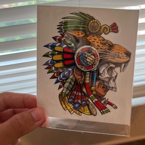 Aztec Jaguar Warrior Mask Sticker - Aztec Skull Stickers - Native ...