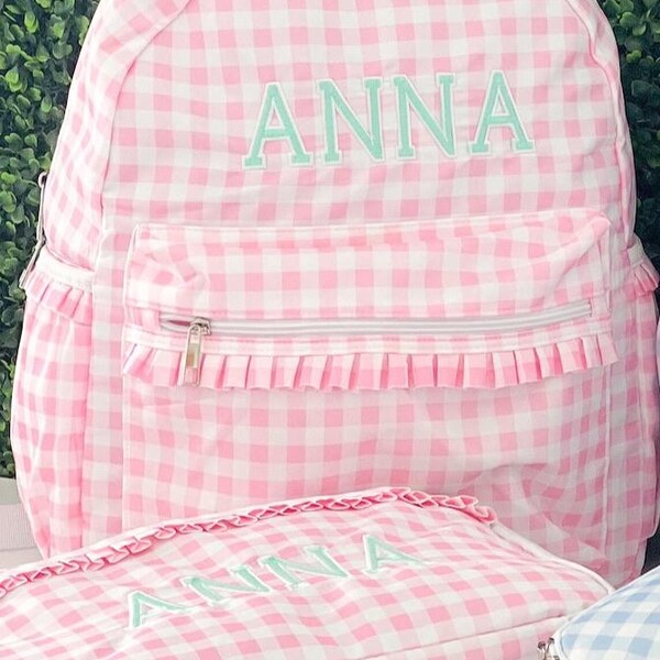 Monogram Gingham Backpack Lunchbox Set: Pink Ruffle, Blue Bookbag - Etsy