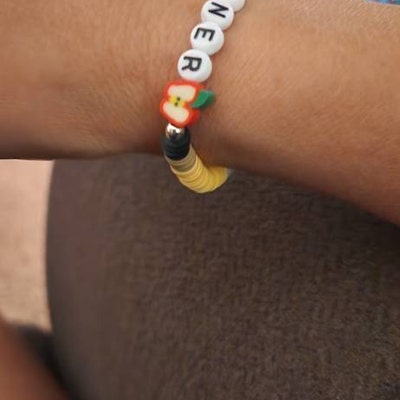 Personalized Teacher Bracelet, Pencil Bracelet, Stackable Bracelet, Teacher Heishi Bracelet ...