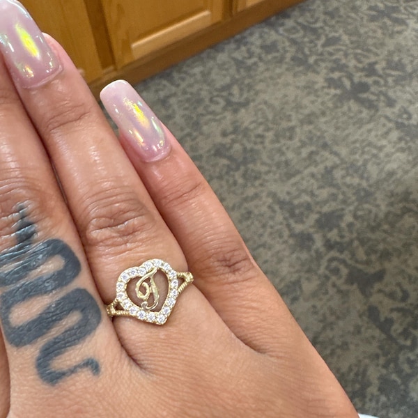 10k Gold Heart Inital Ring, Iced Out Personalized Letter Ring, Monogram Initial Heart Ring ...