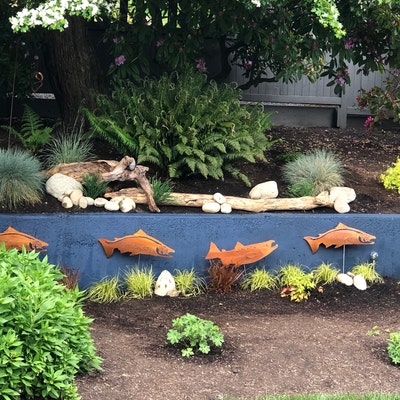 Salmon Fish Stake Outdoor Metal Fish Art Garden Stake Fish Pond, River ...