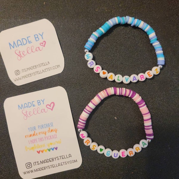 Personalized Teacher Bracelet Set- Heishi Stretch Bracelets With Your Choice of Bead Colors and ...