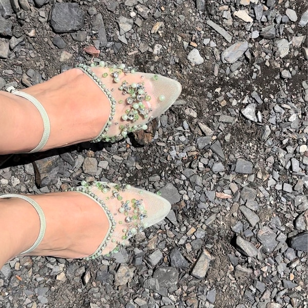 Sage Green Pointed Toe Beaded Party Shoe, Elegant Embroidery Wedding ...